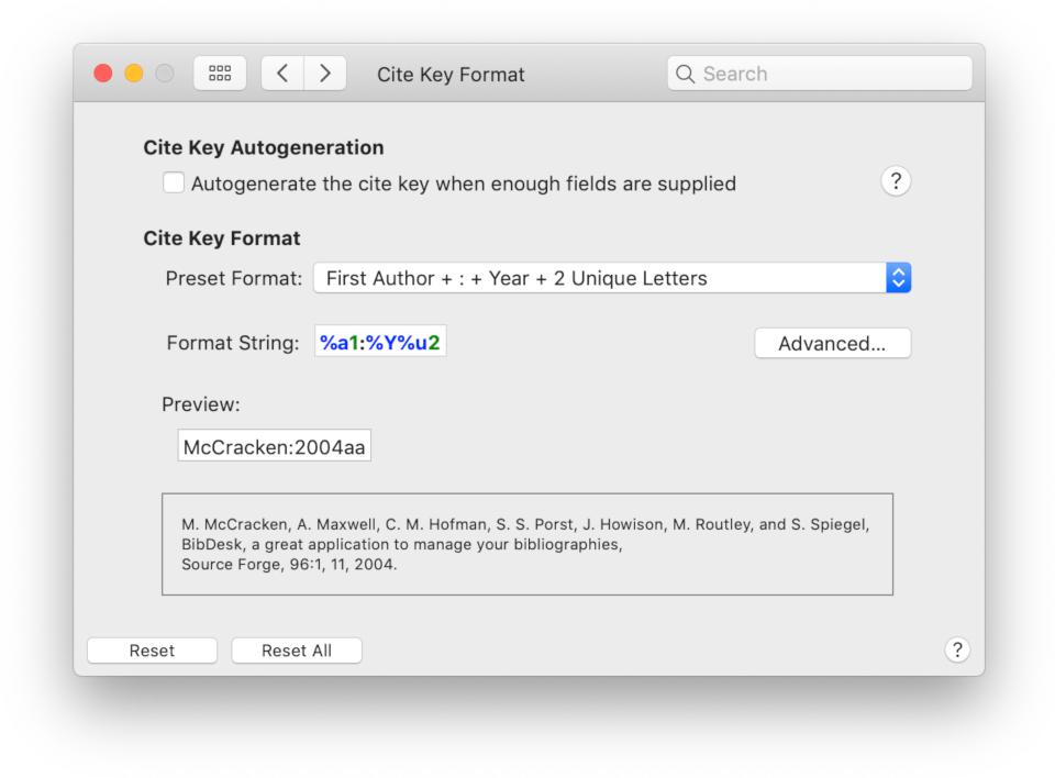 BibDesk Help: 11.10 Cite Key
